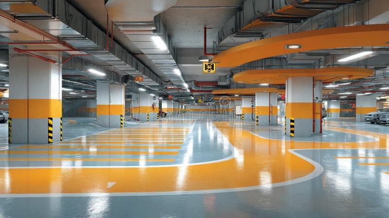 Modern Underground Parking Garage with Cars and Yellow Wall Section ...