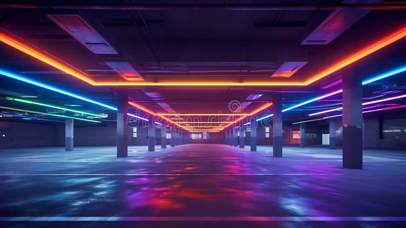Modern Underground Parking Garage Illuminated by Neon Lights Stock ...