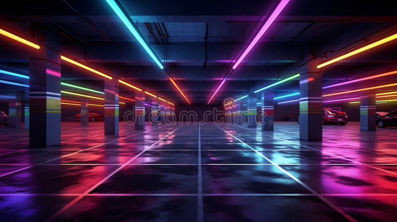 Modern Underground Parking Garage Illuminated by Neon Lights Stock ...