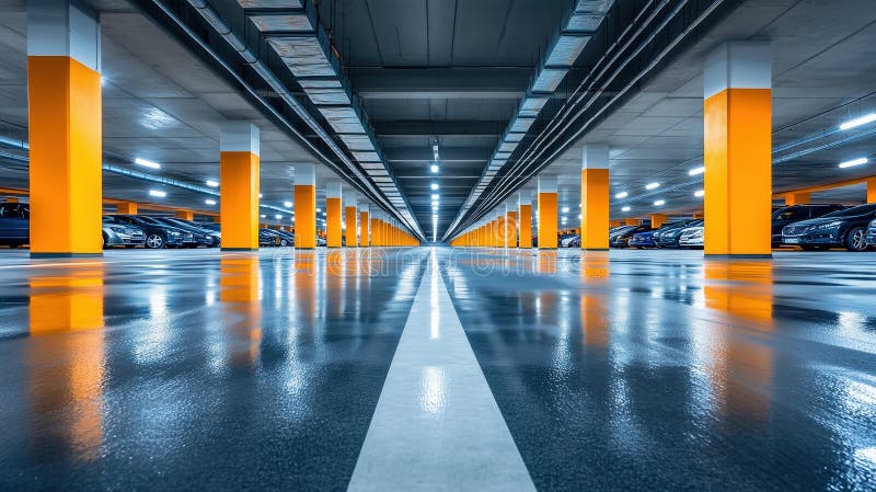 Modern Underground Parking Garage with Orange Columns and Glossy Floor ...