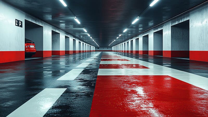 Modern Underground Parking Garage with Wet Floor and Red Accents Stock ...