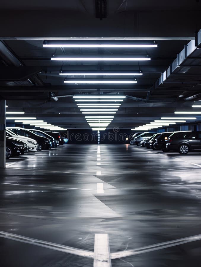 Modern Underground Parking with Parked Cars, Illuminated by Bright LED ...