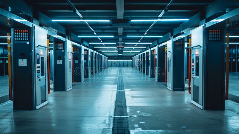 Modern Underground Shooting Range with Empty Stalls and Illuminated ...