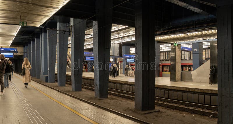 A Modern Underground Train Station with Passengers Waiting on Platforms ...
