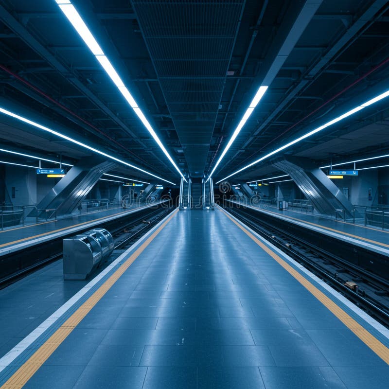 Modern Underground Train Station with Symmetrical Design, Featuring Two ...