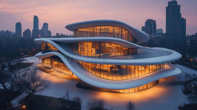 A Modern, Undulating, White Building with Large Windows and Warm ...