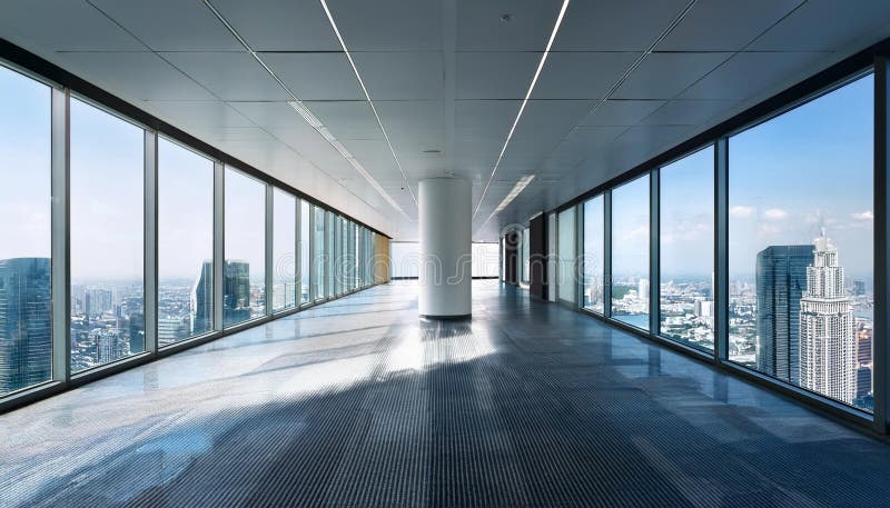 Modern Unfurnished Office Hallway with Large Windows, Reflecting City ...