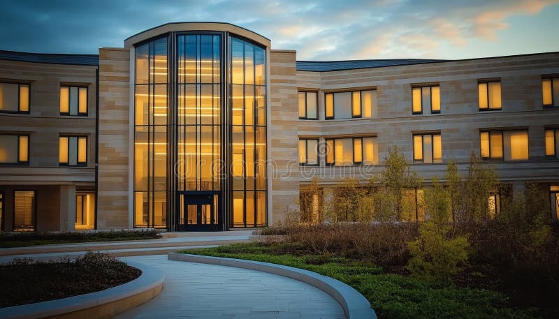 Modern University Building Exterior with Glowing Windows at Twilight ...