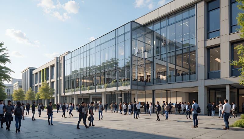 Modern University Building with Glass Facade and Students Gathering in ...