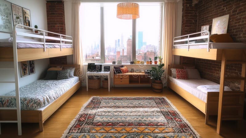 Modern University Dorm Room with Bunk Beds and City View Stock ...