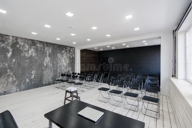 Modern University Group Study Room with White Desk and Chairs Stock ...