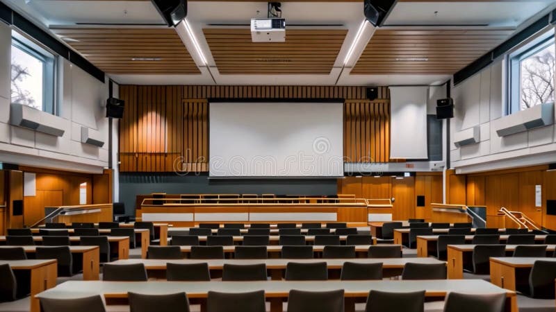 Modern University Lecture Hall with Large Projector Screen and Rows of ...