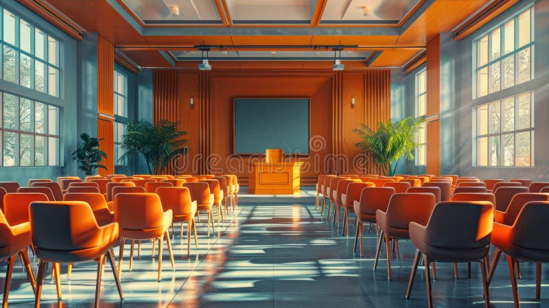 Modern University Lecture Hall with Rows of Chairs, Podium, Minimalist ...