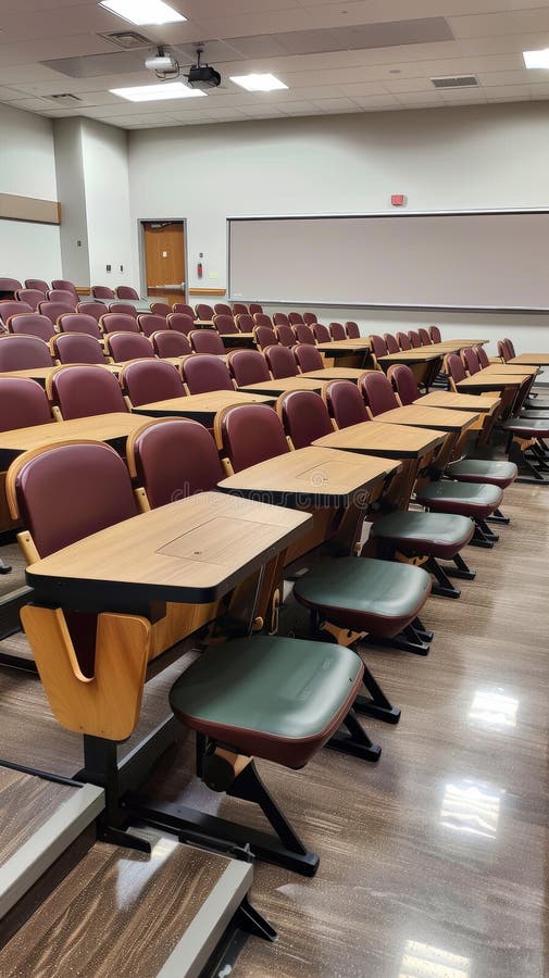Modern University Lecture Hall with Rows of Empty Seats and Desks in a ...