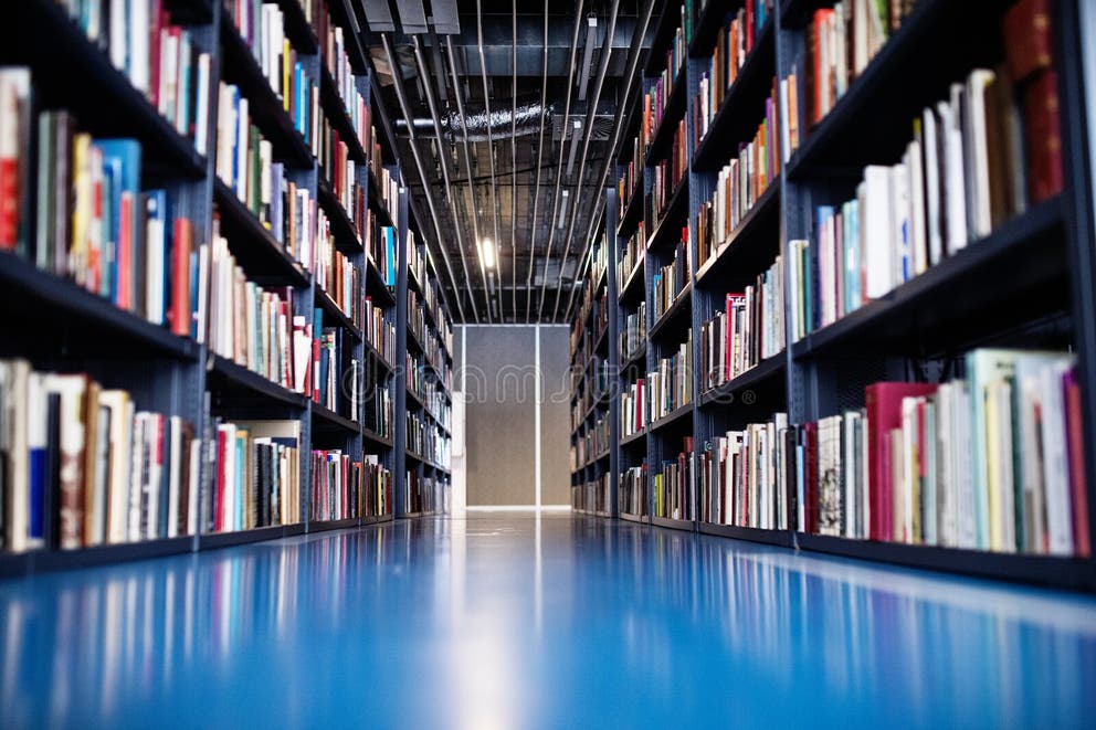 Modern University Library with Rows of Book, Bookshelves. Stock Image ...