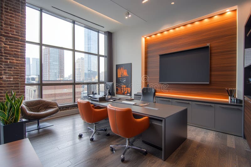 Modern Upscale Corner Office Interior Design with City View Editorial ...