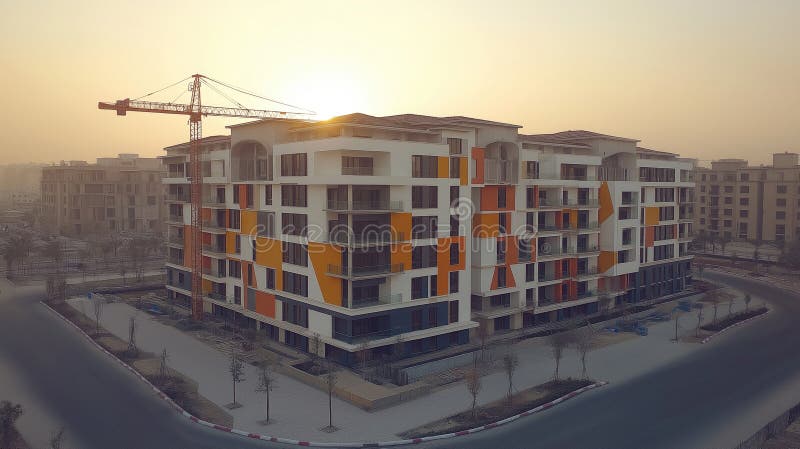 Modern Urban Apartment Building at Sunrise with Construction Crane ...