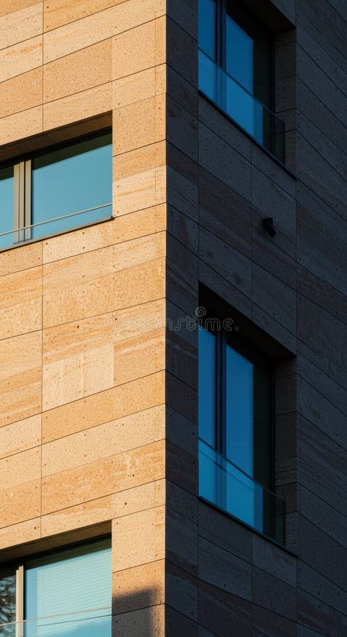 Modern Urban Architecture with Sunlit Stone Facade and Glass Windows at ...