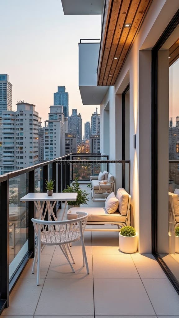 Modern Urban Balcony with Cityscape View at Sunset Stock Image - Image ...