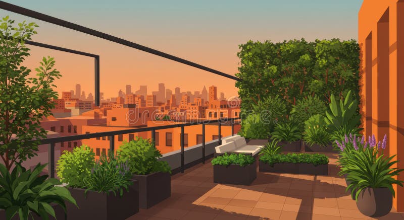 Modern Urban Balcony with Lush Greenery Overlooking Cityscape at Sunset ...