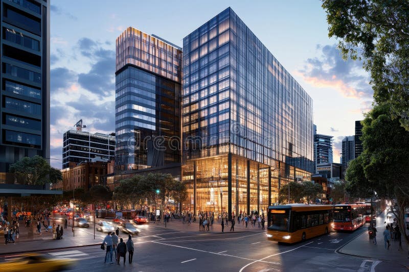 A Modern Urban Building at Dusk, Bustling with People and Traffic Stock ...