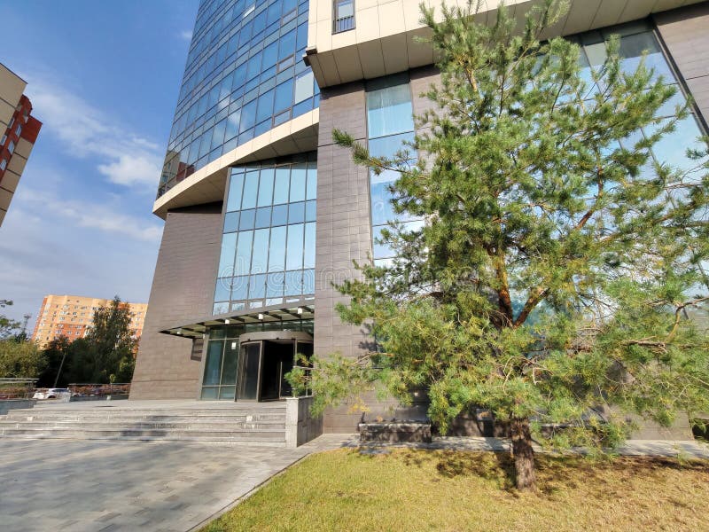 Modern Building Geometric Facade Featuring Large Glass Windows Angular ...