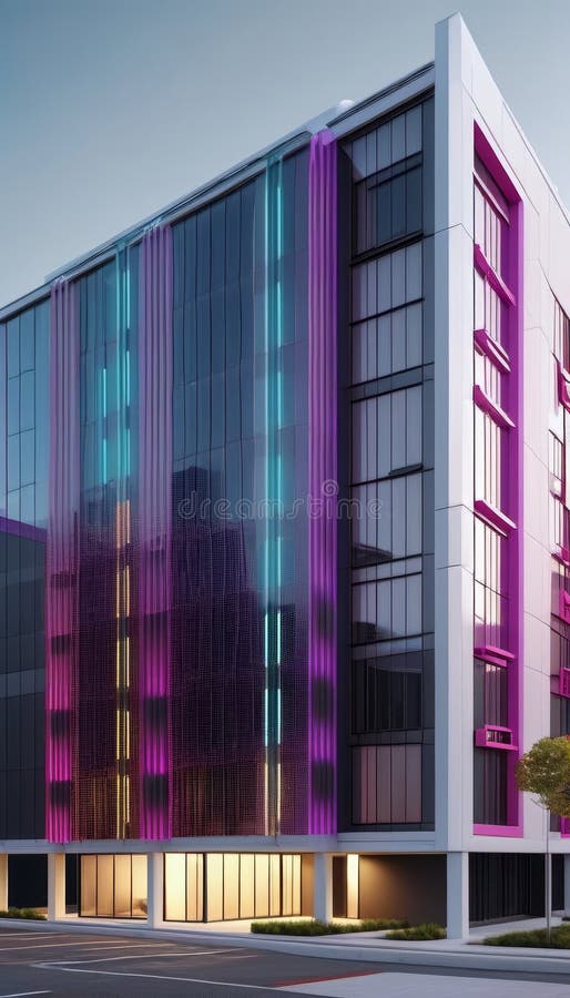 Modern Urban Building with Neon Lights and Glass Facade Stock Image ...