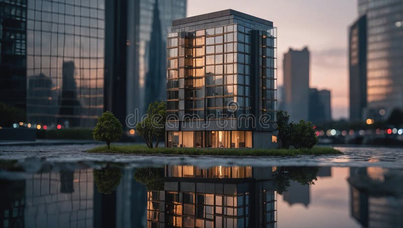 Modern Urban Building Reflected on Water Amidst a Bustling Cityscape ...