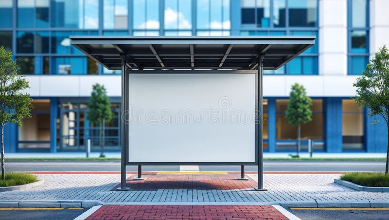 Modern Urban Bus Stop with Sleek Metal Structure and Blank White Ad ...