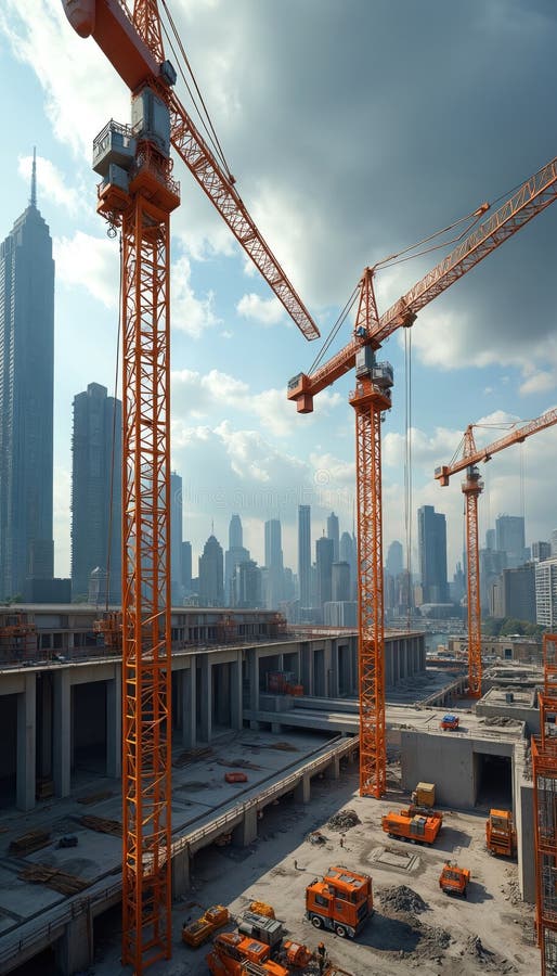 Modern Urban Construction Site with Towering Cranes, Concrete Structures, Engaged Workers ...