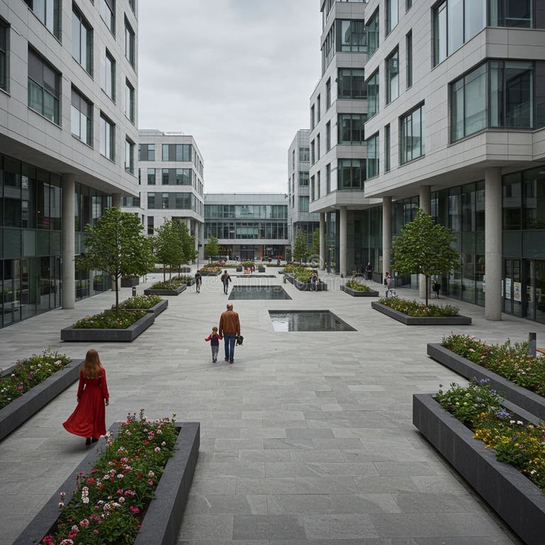 Modern Urban Courtyard with Sleek, Rectangular Buildings Featuring ...