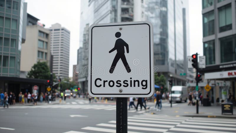 Modern Urban Crossing Sign at Busy Intersection with Skyscrapers ...