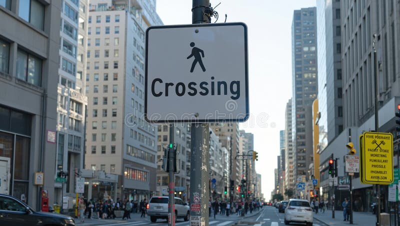 Modern Urban Crossing Sign at Busy Intersection with Skyscrapers ...
