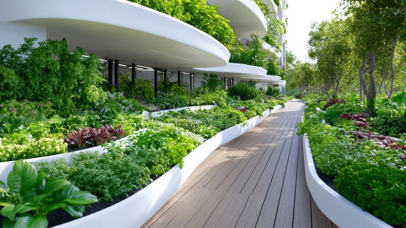 Modern Urban Garden with Lush Greenery and Curved Architectural Design ...
