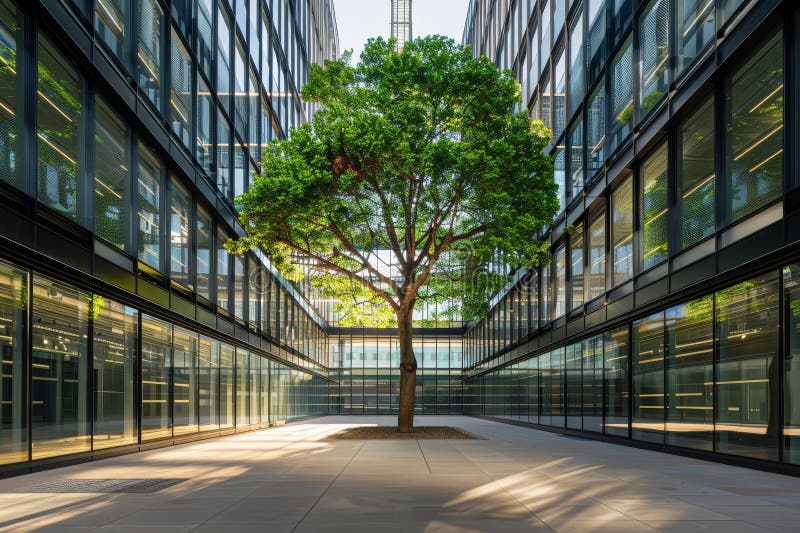 Modern Urban Glass Office Building with Tree Creating Sustainable Eco ...