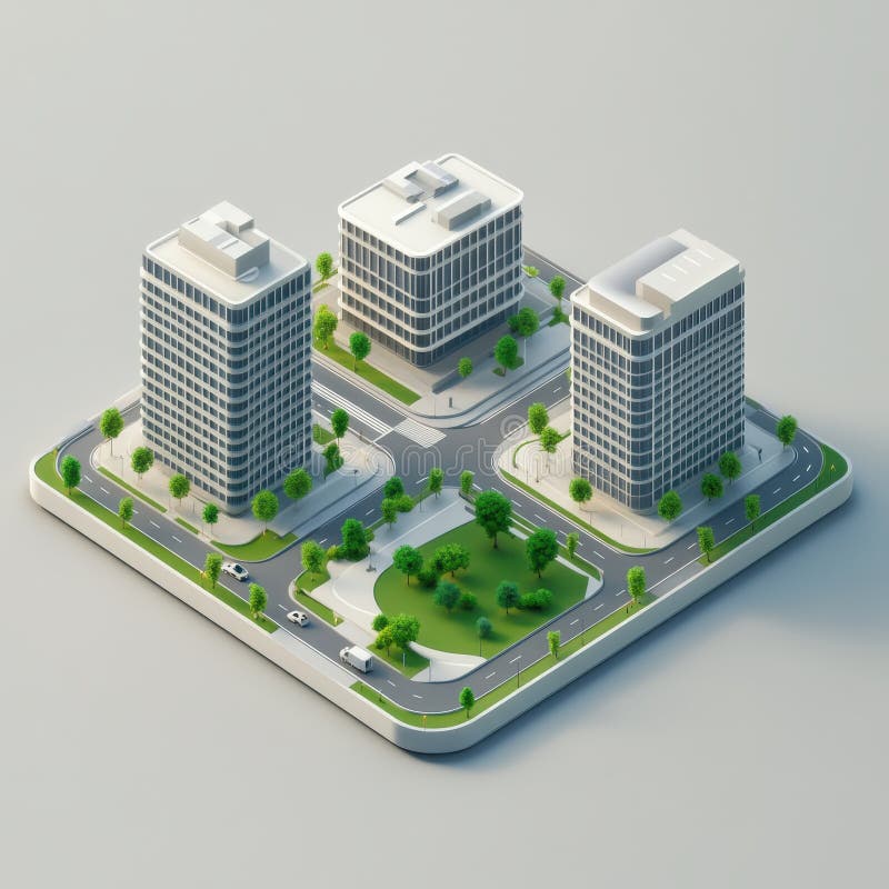 A Modern Urban Landscape Featuring Three Buildings, Greenery, and a ...