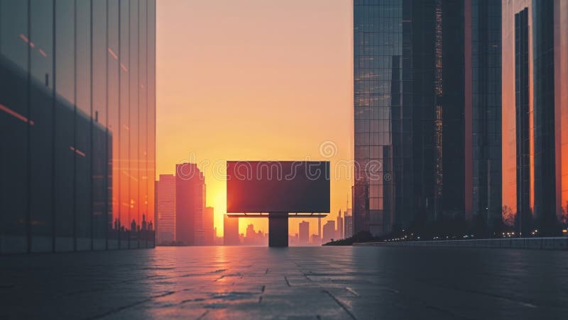 Modern Urban Landscape at Sunset with Empty Billboard and Reflective ...