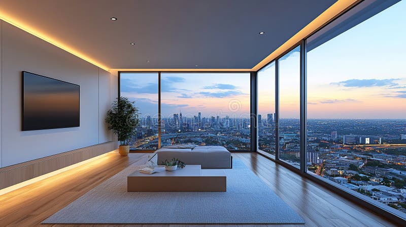 Modern Urban Living Room with Panoramic City Views Stock Illustration ...