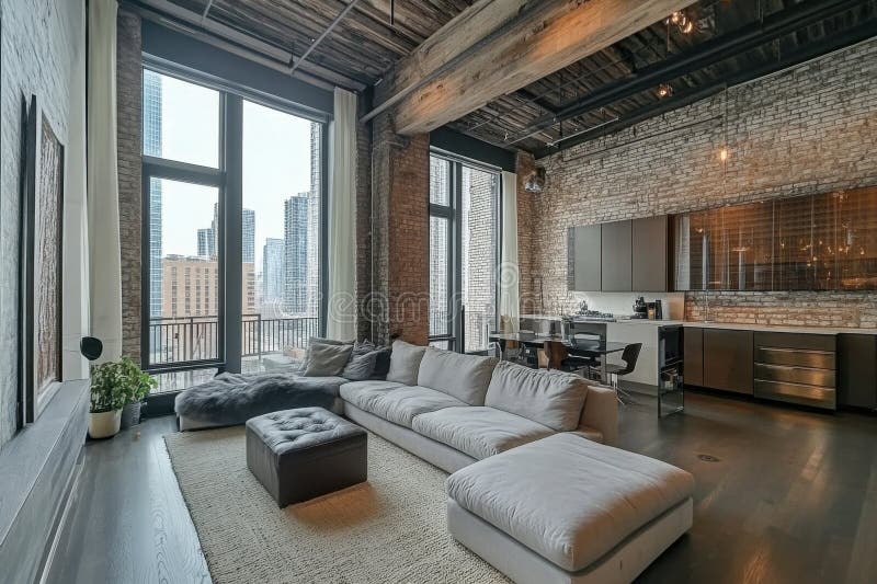 Modern Urban Loft with Large Windows and Cozy Seating Area Stock ...