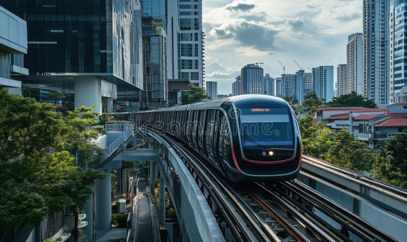 Modern Urban Monorail Train Navigating through City Skyline with ...