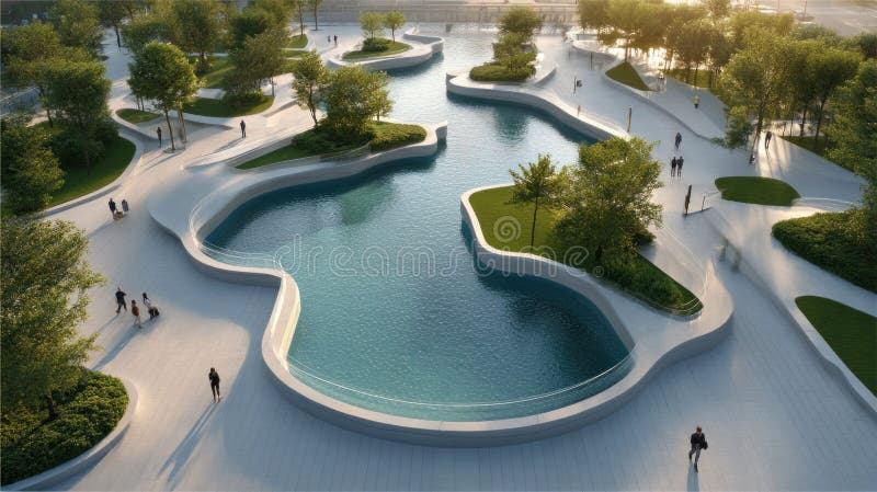 A Modern, Urban Park Features Flowing Water, Pathways, and Greenery ...