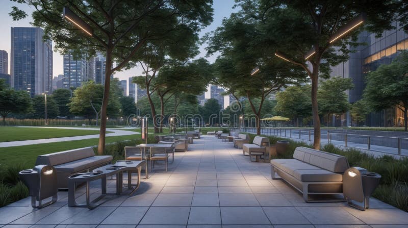 Modern Urban Park Pathway at Dusk Stock Photo - Image of green, pathway ...