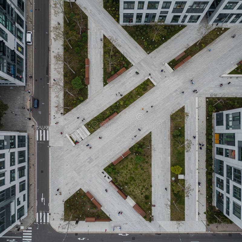 Modern Urban Plaza with Intersecting Wide Pedestrian Walkways, Lined by ...