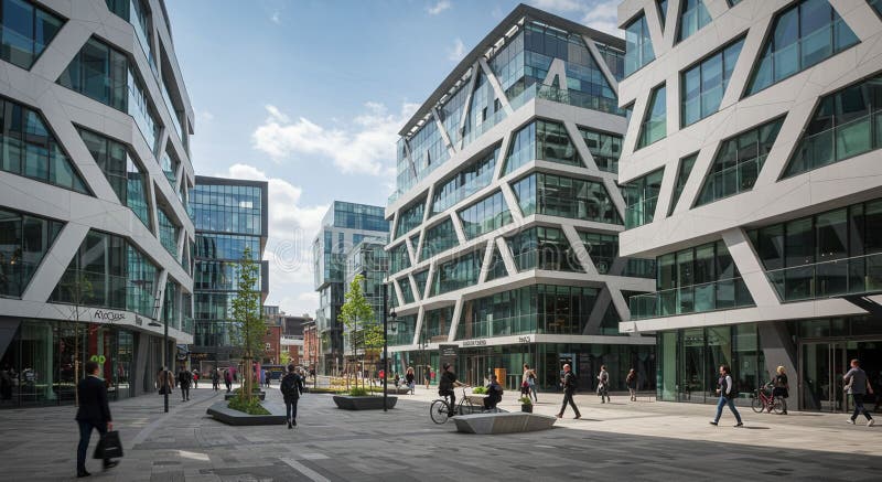 Modern Urban Plaza with Sleek, Geometric Buildings Featuring Large ...