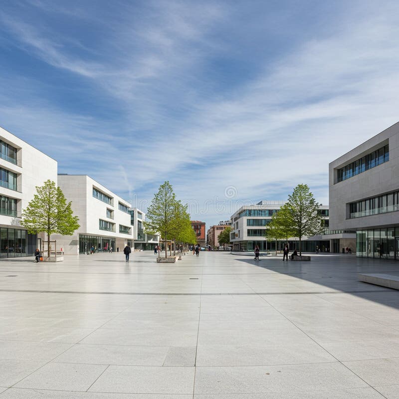 Modern Urban Plaza Surrounded by Sleek, Angular White Buildings with ...