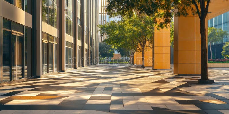 A Modern Urban Plaza with Trees and Patterned Pavement, Showcasing ...