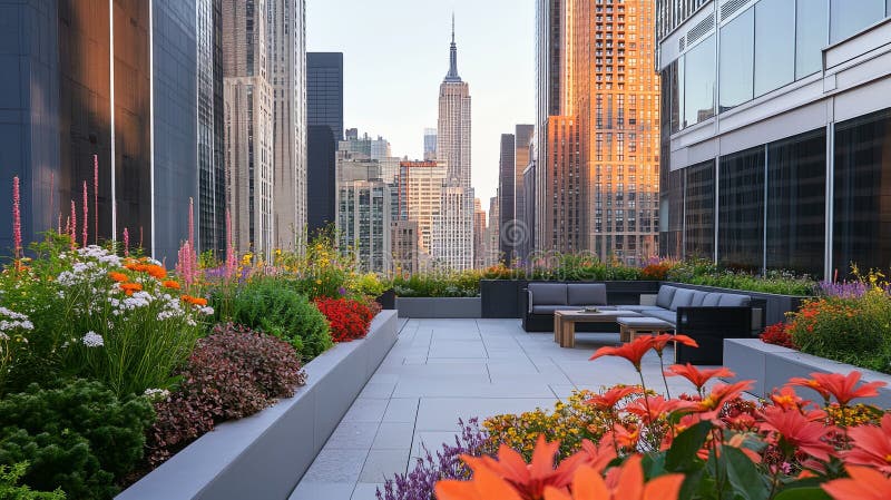 A Modern Urban Rooftop Garden with Flowers and Seating Pic Stock Image ...