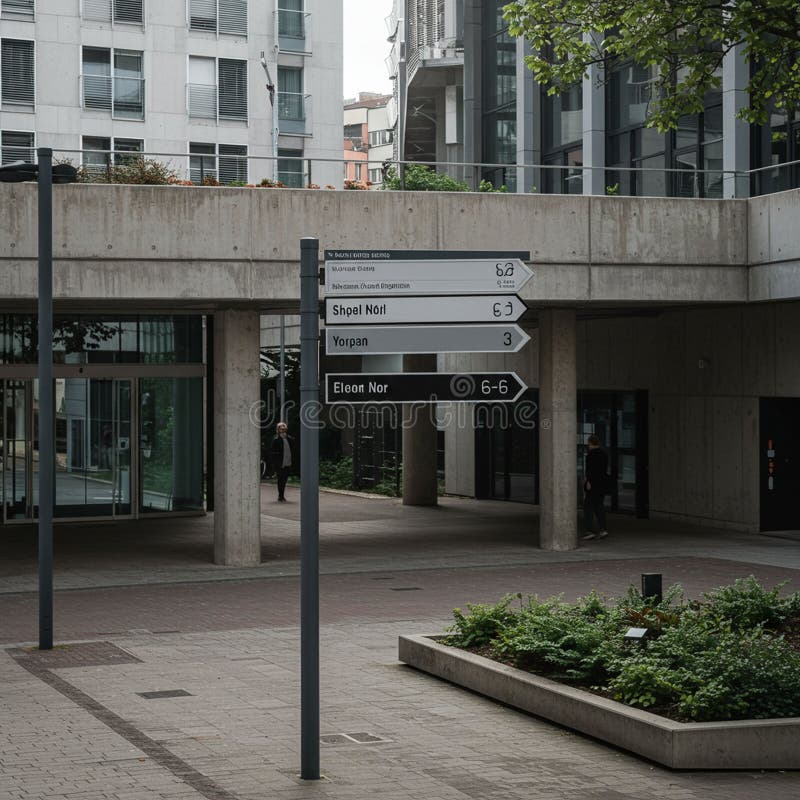 Modern Urban Scene Featuring a Pathway with Directional Signs Pointing ...