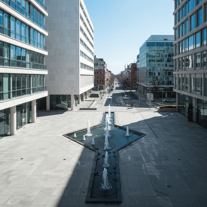 Modern Urban Scene Featuring a Symmetrical Fountain with Multiple Jets ...