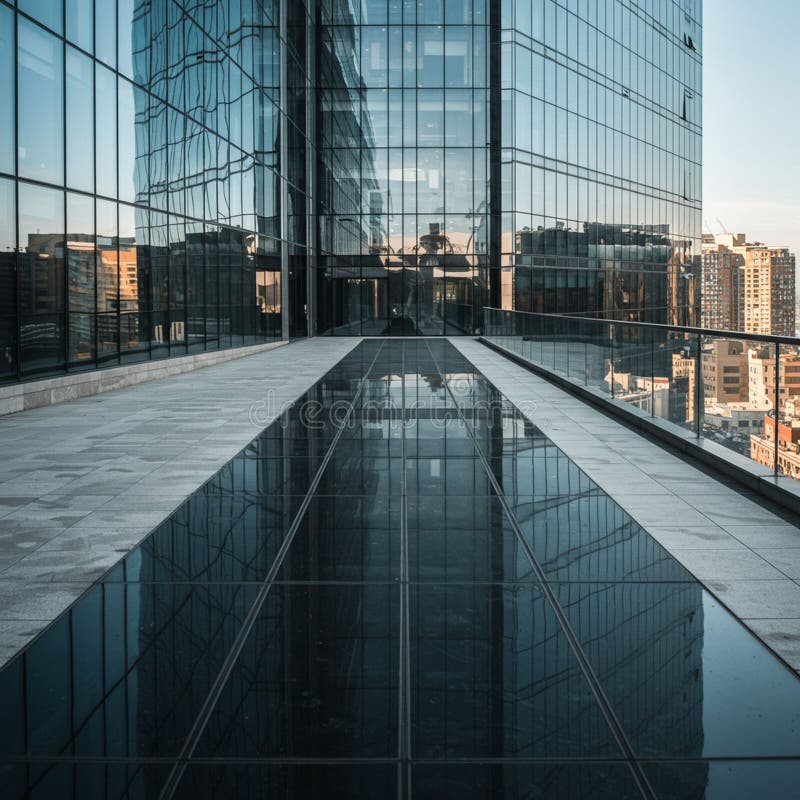 A Modern Urban Setting Featuring a Glass-covered Walkway with Sleek ...